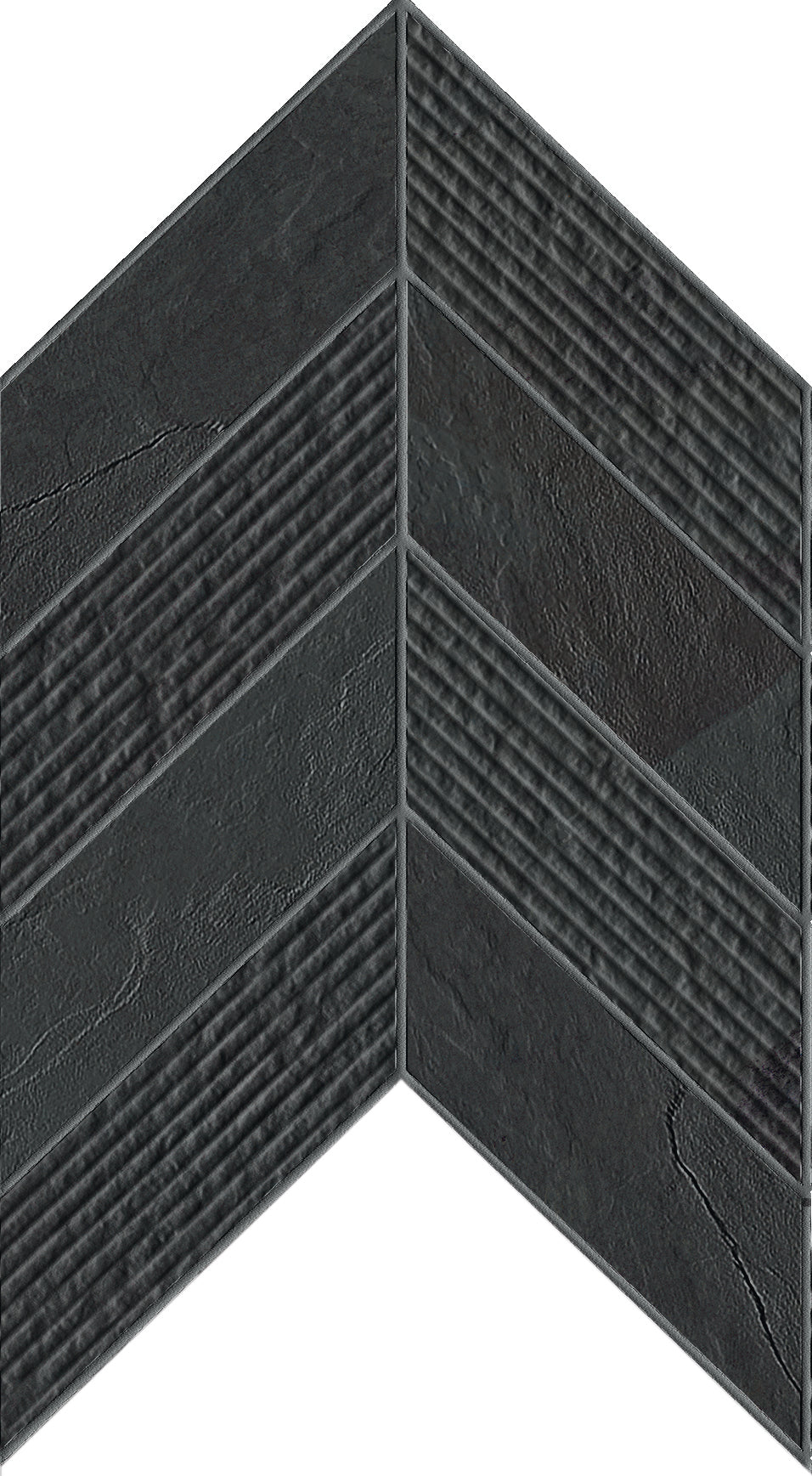 ESSENCE: Montauk Black Mosaic Chevron 3D Wall Mosaic | 7.44"x12"x9-mm | matte | Surface Group ...