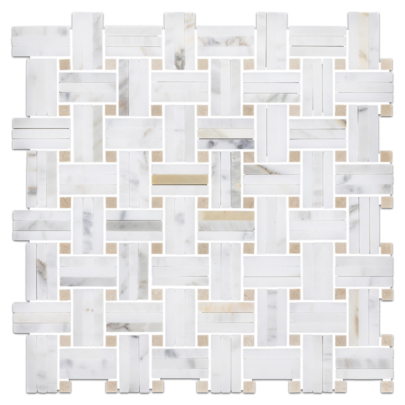 Calacatta Gold, Crema Marfil Marble Tri-Weave Basketweave Field Mosaic ...
