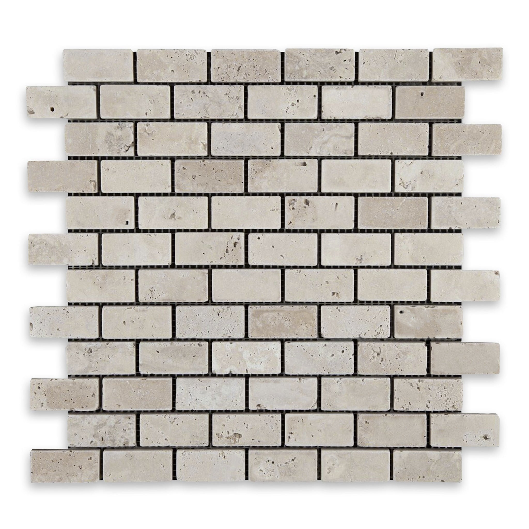 Ivory Premium Travertine 1"X2" Staggered Joint Mosaic | 12 1/4"X12 3/4 ...